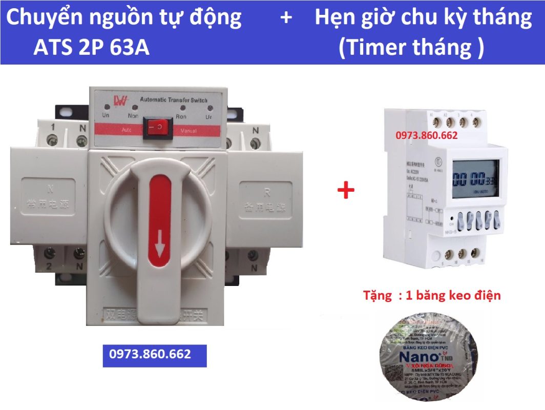 Combo Bộ chuyển nguồn ATS 2P 63A + Timer tháng ( hẹn giờ chu kỳ tháng ...